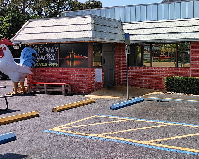 Skyway Jack's iconic rooster stands guard outside this St. Petersburg institution, welcoming hungry diners since 1976.