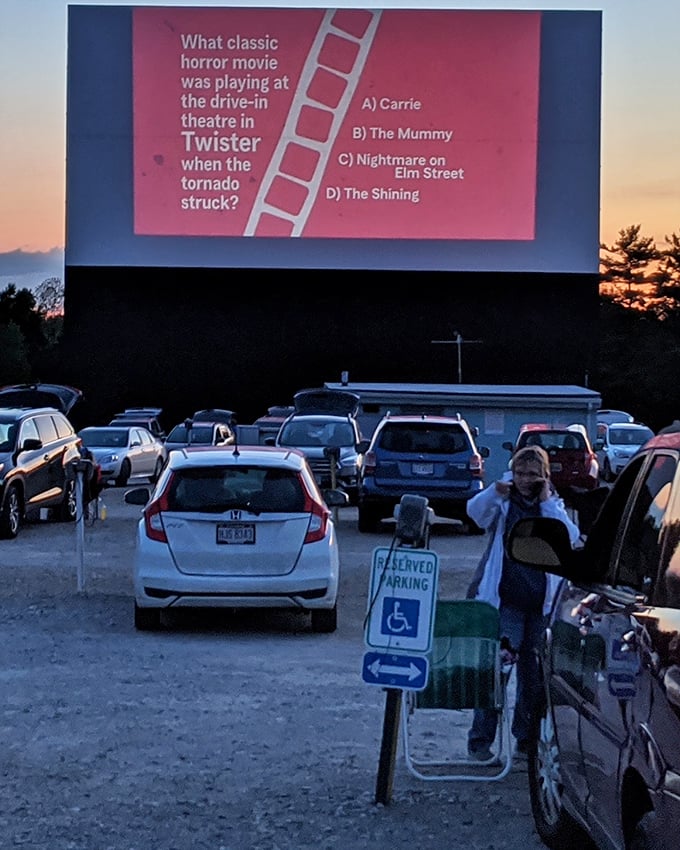 Movie trivia lights up the screen at South Drive-In, where film buffs test their knowledge before showtime.