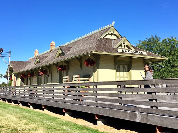 The historic St. Charles train station stands as a charming time capsule, complete with hanging flower baskets that would make any porch-proud Midwesterner nod in approval.