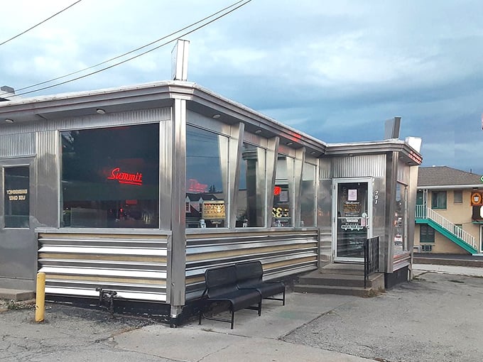 The Summit Diner's gleaming stainless steel exterior is like a time machine disguised as a lunch counter. Pure 1950s magic!