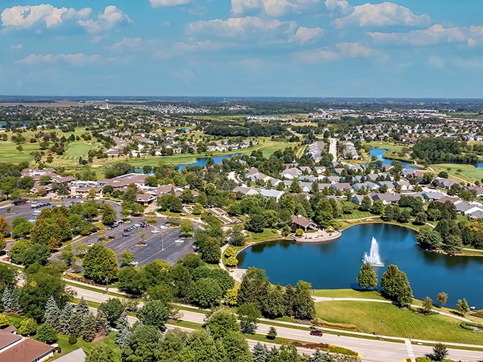 Aerial paradise! Sun City Huntley offers a bird's-eye view of retirement living with sparkling lakes and winding paths that would make a golf cart jealous.