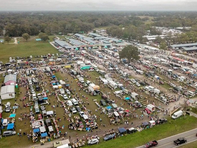 Aerial treasure hunt! Webster's Swap-O-Rama stretches as far as the eye can see, like a pop-up city of bargains.