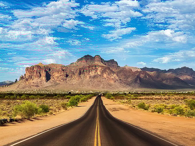 The Apache Trail stretches before you like nature's red carpet, inviting you to an exclusive showing of Arizona's grandest landscapes.