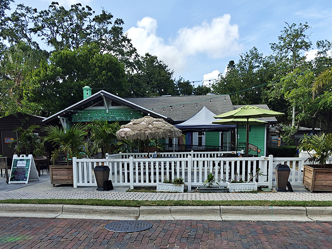 The Honu's charming green exterior with thatched umbrellas feels like finding a secret Hawaiian postcard in downtown Dunedin.