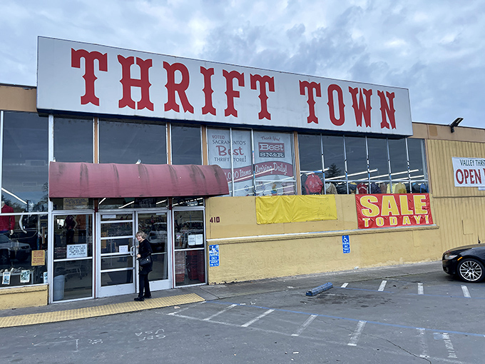 The bold red "THRIFT TOWN" sign beckons like a siren call to bargain hunters. Sacramento's temple of thrift promises treasures behind those doors!