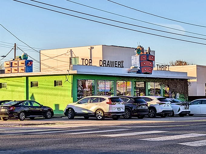 Top Drawer's lime-green facade isn't just eye-catching—it's practically screaming "treasures inside!" like a neon welcome sign for bargain hunters.