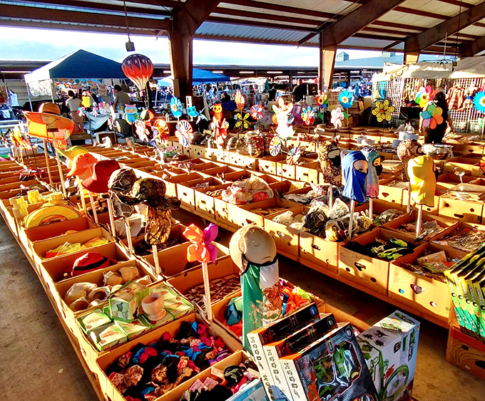 Treasure hunter's paradise! Wooden bins overflow with colorful trinkets and toys at Houston's Traders Village, where one person's junk becomes another's joy.