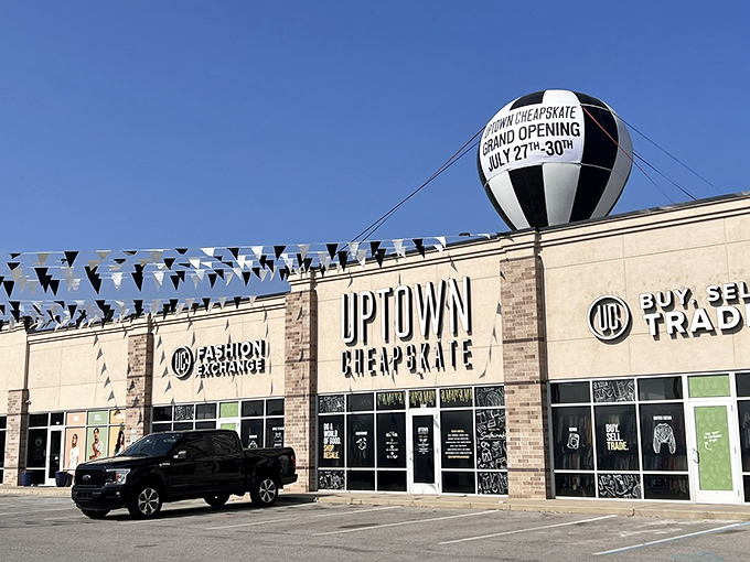 Uptown Cheapskate's eye-catching storefront with its festive balloon announces "Grand Opening!" Like a fashion carnival where your wallet gets to ride for free.