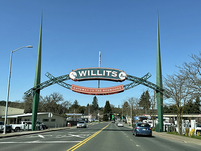 The iconic Willits arch welcomes visitors with small-town charm and big redwood promises. Gateway to affordable living and natural beauty!