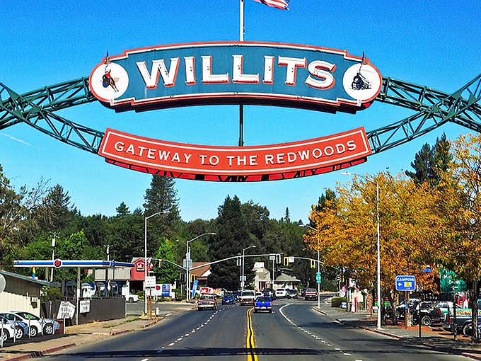 The iconic Willits arch welcomes you to the "Gateway to the Redwoods" &ndash; where your Social Security check stretches as far as the trees!