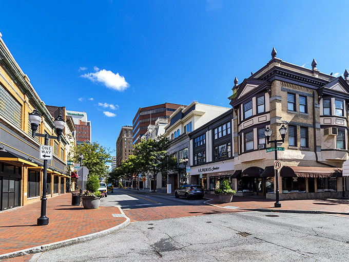 Market Street in Wilmington, where historic brick buildings and modern shops create a perfect urban stroll. The blue sky seems to celebrate right along with you!