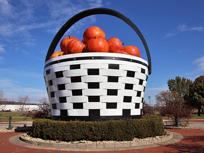 Now that's what I call a basket case! This checkered giant could hold enough apples for every pie in Ohio.