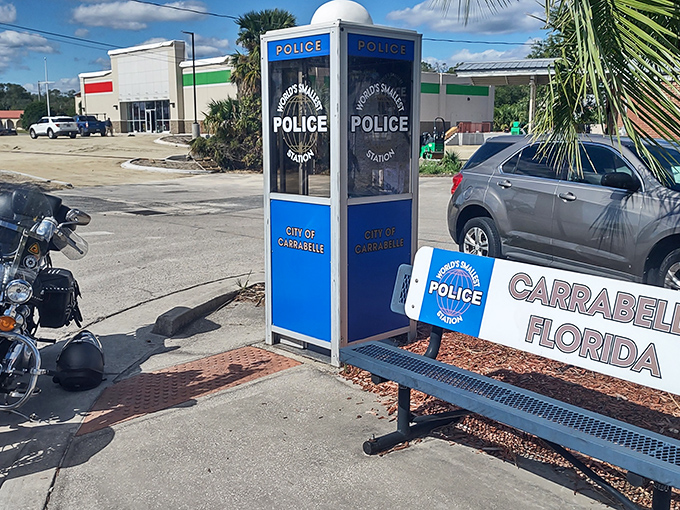 The world's tiniest police force headquarters! This blue phone booth turned mini-station proves law enforcement comes in all sizes.