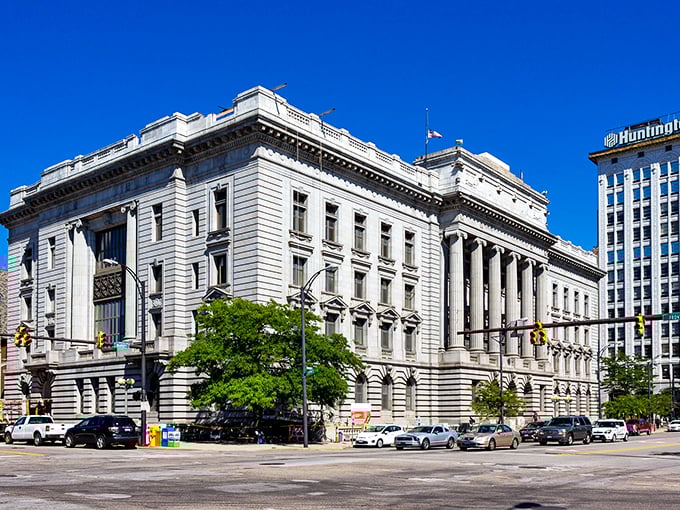 Youngstown's historic architecture stands proudly against a brilliant blue sky, a testament to the city's rich industrial past.