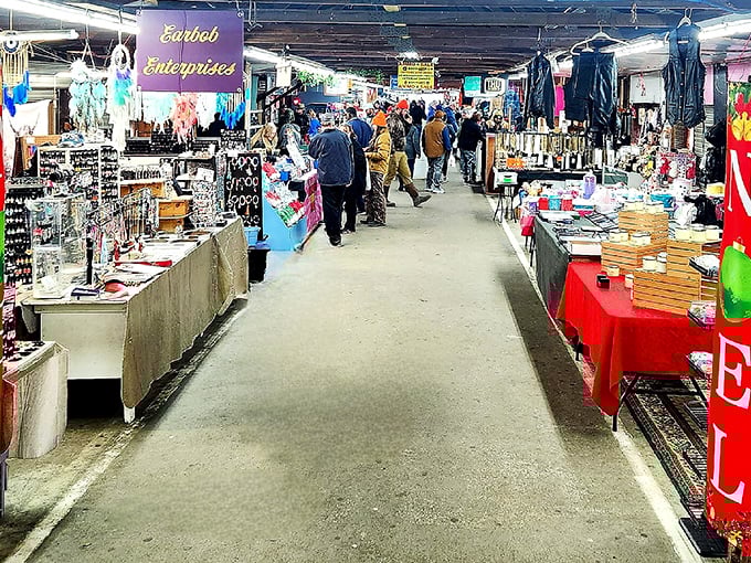 Inside Anderson Jockey Lot, shoppers navigate aisles of possibility. Every table holds potential treasures waiting to be discovered.