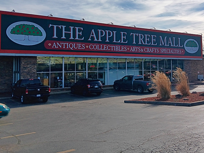 The Apple Tree Mall entrance beckons like a portal to yesterday's memories and tomorrow's garage sale victories.