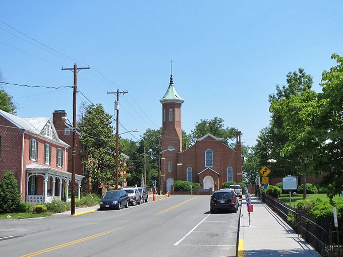 The stately church steeple watches over Berryville's quiet streets, a timeless guardian of small-town tranquility.