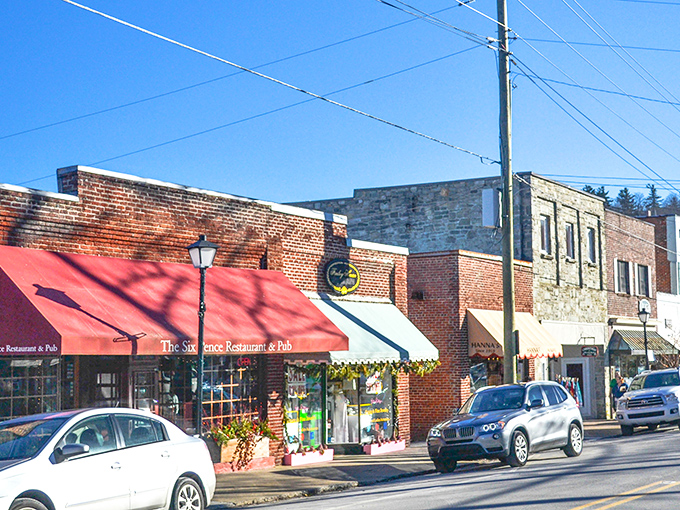 Brick storefronts and red awnings welcome shoppers to this mountain gem where time slows down.