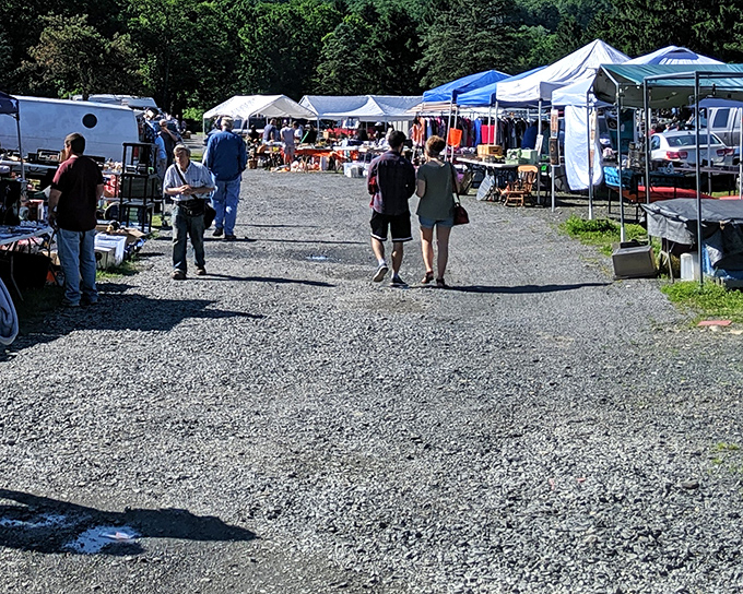The thrill of the hunt! Gravel pathways lead bargain seekers through Blue Ridge's outdoor vendor village on a perfect Pennsylvania day.
