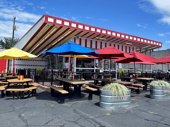 Colorful umbrellas create a backyard party vibe at Boulevard. The kind of patio where summer memories and burger juices flow freely.