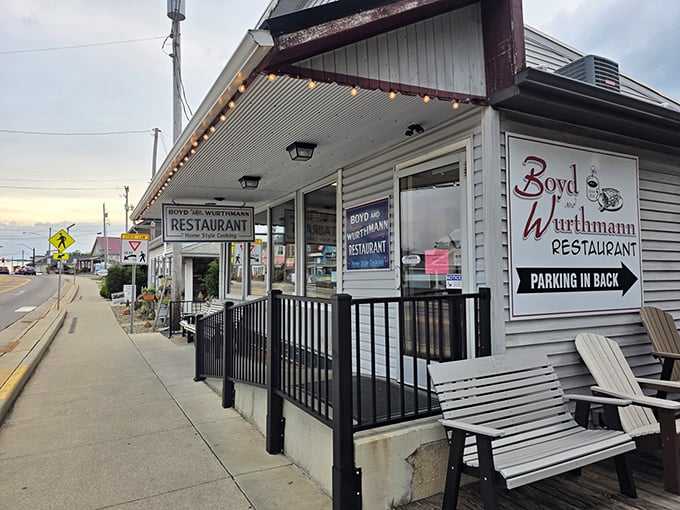 Twinkling lights welcome hungry travelers to this Berlin staple. Small-town charm with big-time flavor awaits inside.