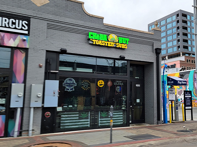 This Dallas sandwich spot brings counter-culture vibes to Main Street with a gray exterior that hides colorful creations inside.