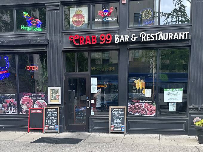 Neon signs glowing at dusk transform Crab 99 into an urban seafood oasis. Who needs the ocean when you've got Washington Street?