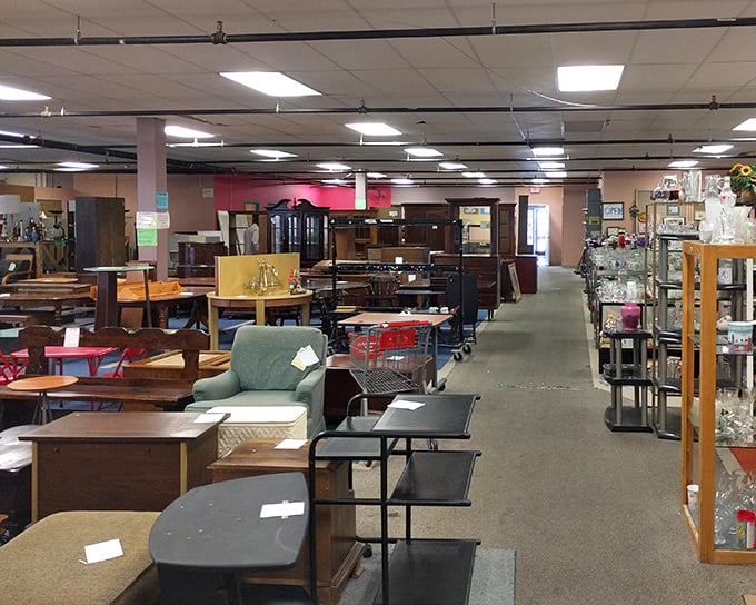 Furniture heaven awaits! Rows of affordable tables, chairs, and cabinets make this thrifter's paradise worth the trip.