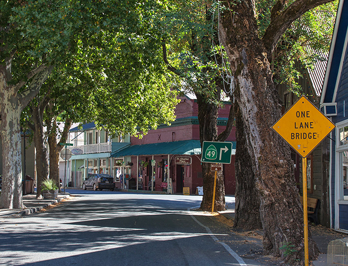 Tall trees frame Downieville's historic buildings, creating a perfect Gold Rush time capsule.