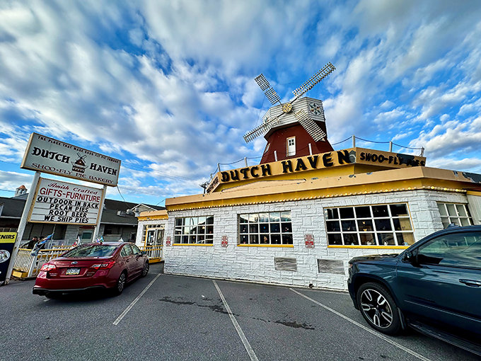 Where Pennsylvania Dutch tradition meets roadside charm. That windmill isn't just for show—it's signaling "pie emergency, stop immediately!"