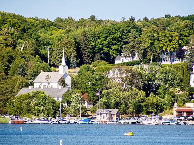 Where land meets water in Ephraim &ndash; boats bobbing gently while church spires reach skyward in perfect harmony.