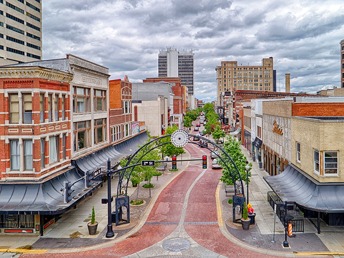 This aerial view reveals Evansville's thoughtful urban planning, where green spaces meet historic architecture beautifully.