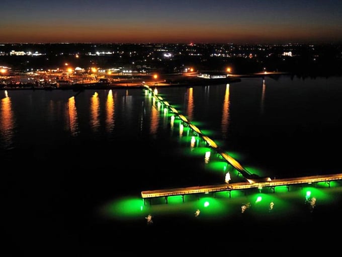 The night lights of Fulton's pier create an emerald pathway across the water, like nature's own light show.