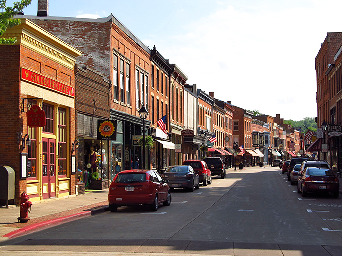 Main Street Galena, where brick storefronts and vintage charm make you feel like you've wandered onto a movie set.