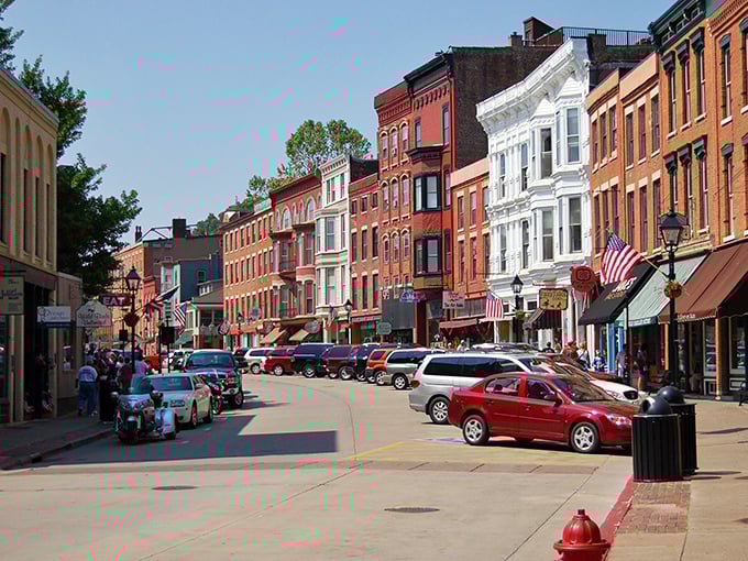 Main Street Galena looks like it's auditioning for a Hallmark movie set, complete with charming storefronts and American flags.