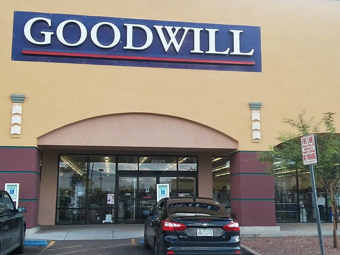 Behold the gateway to thrift paradise. This Goodwill's unassuming exterior hides a wonderland of secondhand treasures waiting to be discovered.
