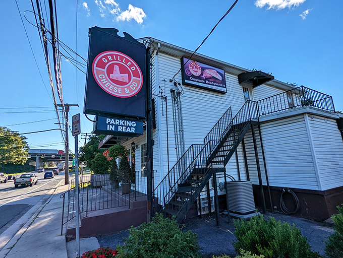 Parking in rear, paradise in front. This unassuming white building houses some of Maryland's most creative melted cheese concoctions.