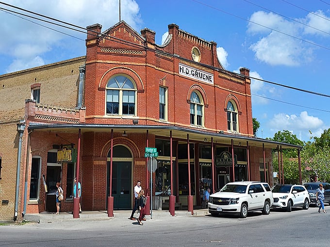 The H.D. Gruene building, a red brick masterpiece that's seen more Texas history than most history books, still anchors this timeless town.