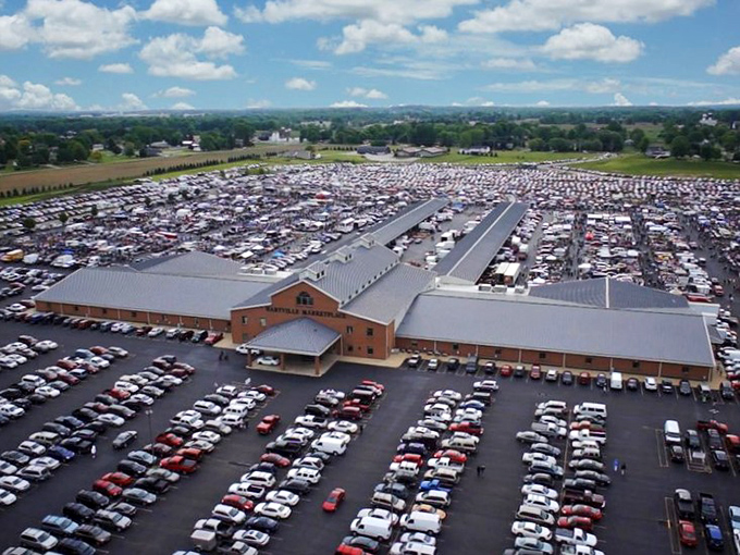 Not a parking lot for the Ohio State Fair—just a typical weekend at Hartville Marketplace. Bring snacks and a GPS!