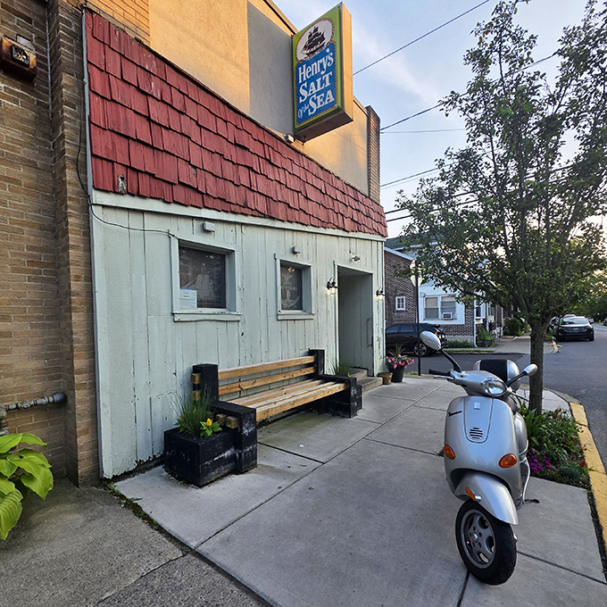 A humble bench outside, a silver Vespa parked nearby &ndash; Henry's Salt of the Sea knows simple pleasures are often the best.