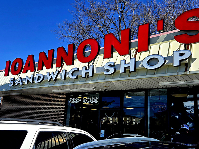 Ioannoni's against a clear blue sky &ndash; like a beacon calling all sandwich lovers home to their deli paradise.