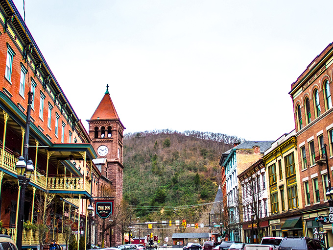 The clock tower watches over Jim Thorpe's main street, a postcard-perfect scene that whispers stories of Pennsylvania's past.