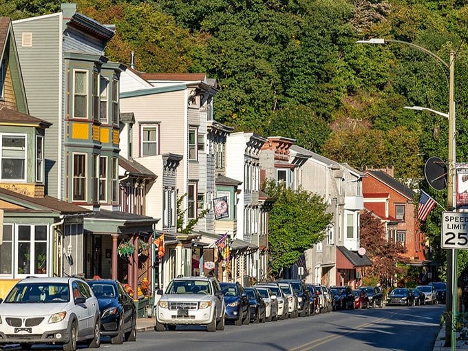 The "Switzerland of America" shows off its mountain charm with perfectly preserved row houses nestled against lush Pennsylvania hillsides.