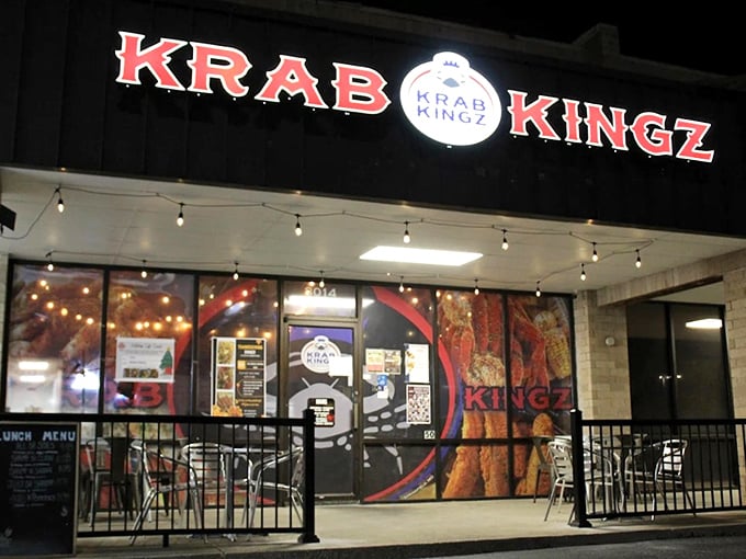 Night or day, that glowing Krab Kingz sign beckons seafood lovers like a buttery, garlic-scented lighthouse.