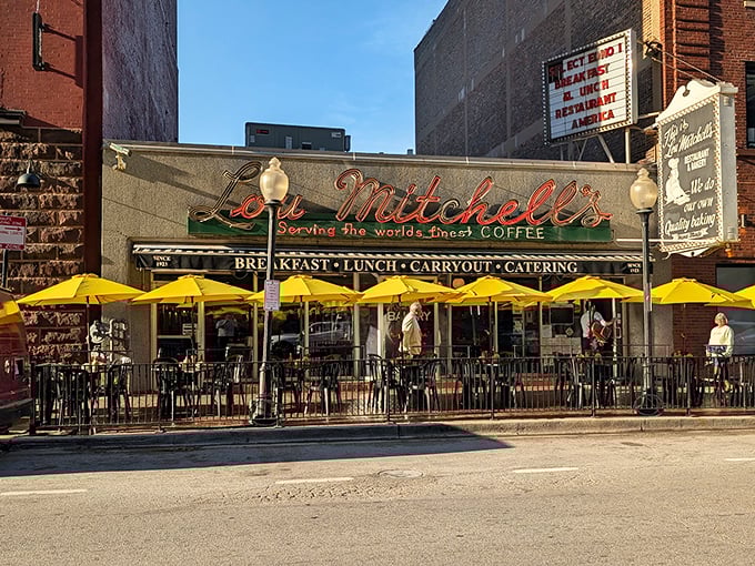 Yellow umbrellas line the sidewalk outside Lou Mitchell's, promising sunshine even on cloudy Chicago mornings. The perfect spot to fuel up before exploring the Windy City.