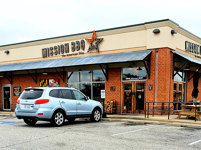 Where barbecue meets patriotism &ndash; Mission BBQ's welcoming exterior is like a smoky salute to your taste buds.