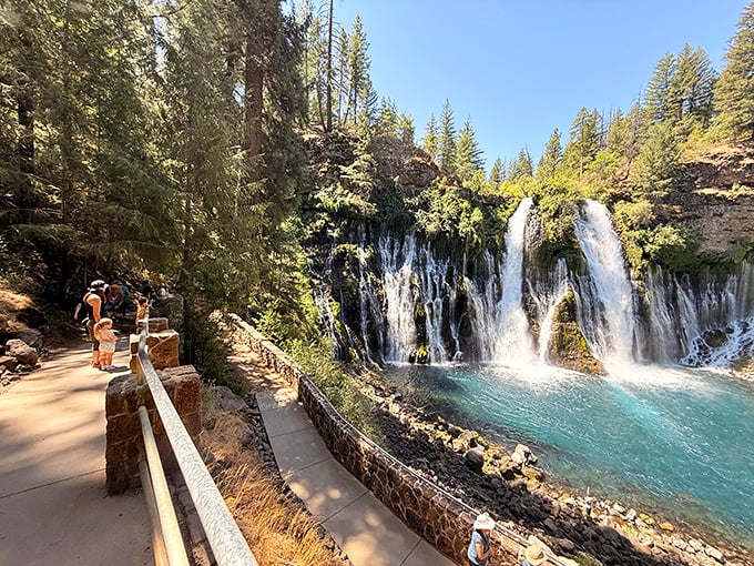 Nature's grand theater! Visitors gather along this viewing path for the best seats to Burney Falls' spectacular performance.