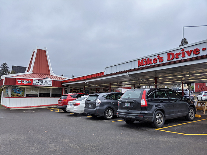 The covered parking area at Mike's feels like a burger sanctuary where calories don't count and milkshakes are mandatory.