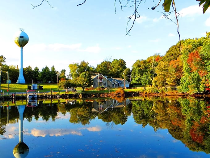 Milton's water tower stands sentinel over the tranquil Broadkill River, where autumn colors create a perfect mirror image of Delaware serenity.