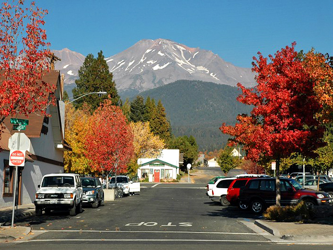 Fall in Mount Shasta paints the town in fiery reds and golds, creating a colorful frame for that magnificent mountain sentinel.